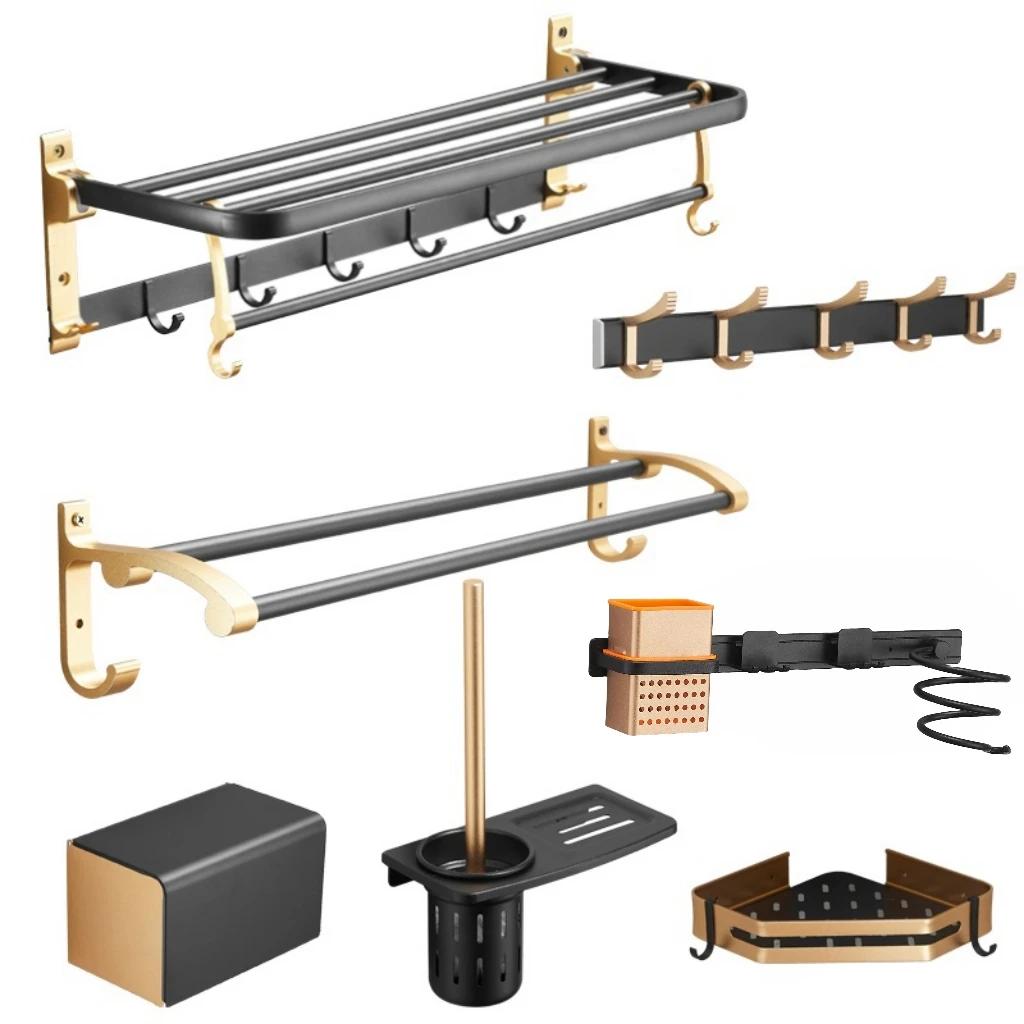 Luxury Brushed Gold Black Aluminum Wall Mounted 5 Pieces Bathroom ...