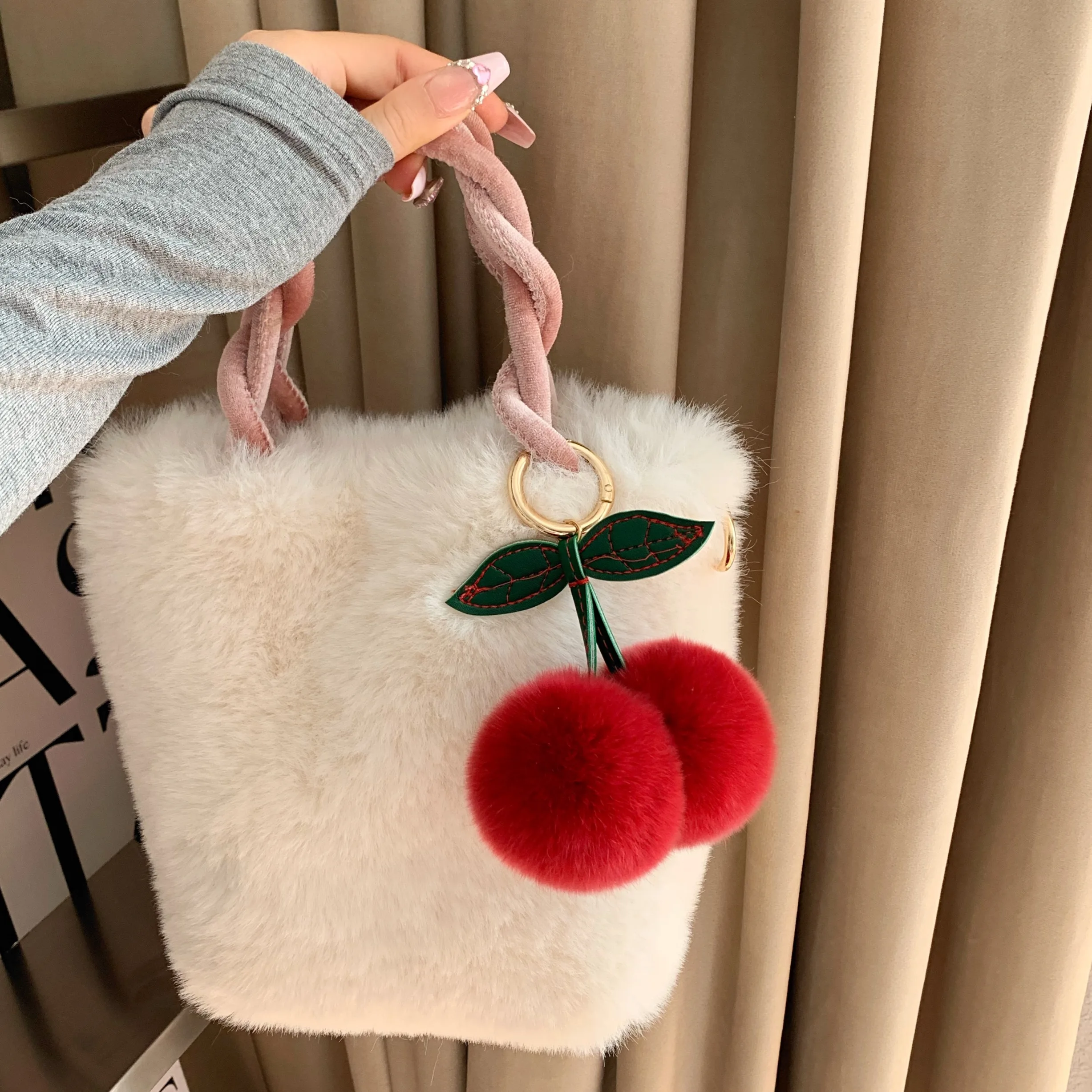 Kwaii Cherry Pom Pom Key Chains Rabbit Fur Ball Key Ring Plush Ball ...
