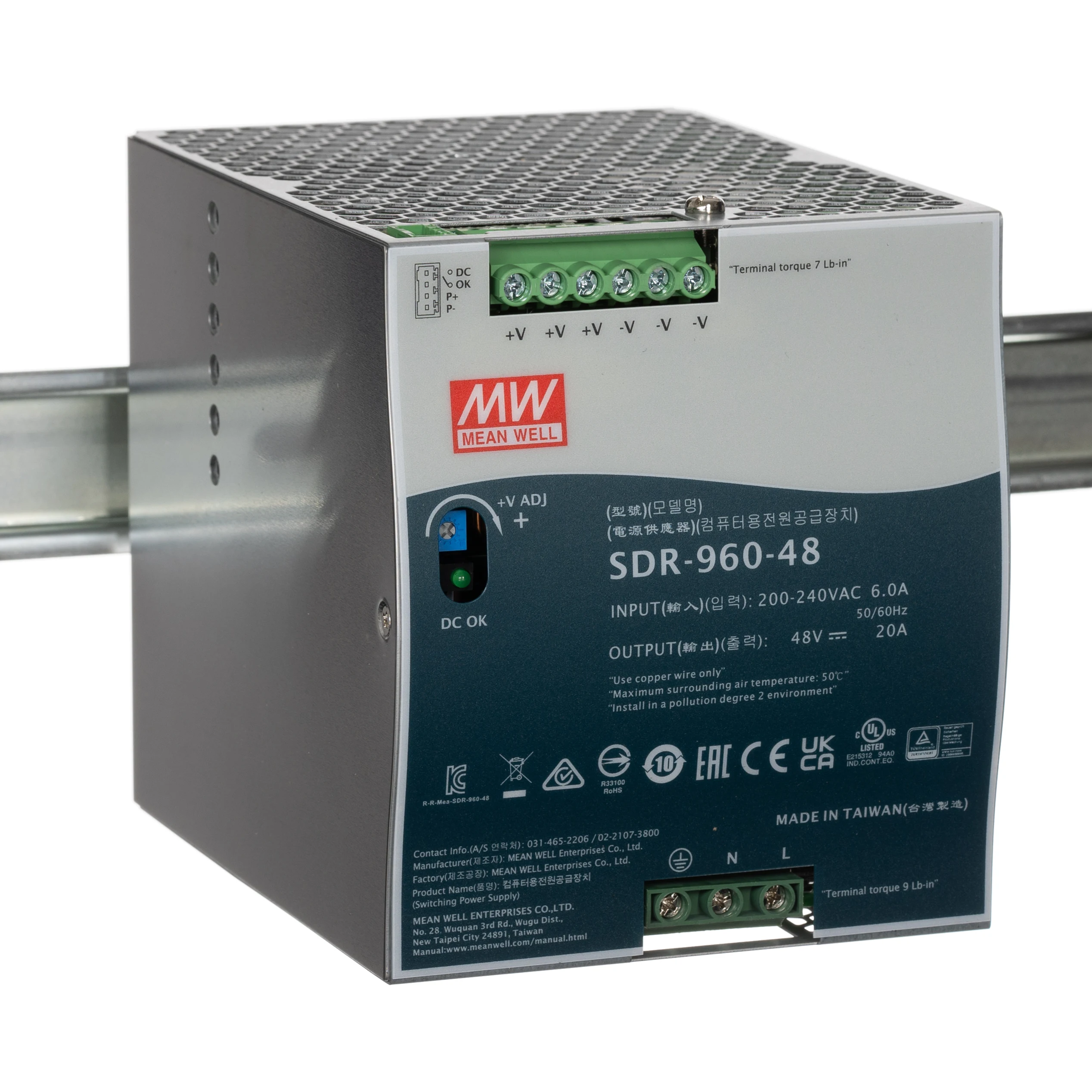 MEAN WELL SDR -Phase Switched DIN-Rail Power Supply 960W, 180 → 264V ac ...