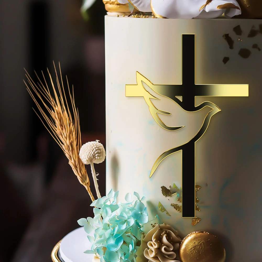 Religious First Communion Topper - Gold Cross and Dove