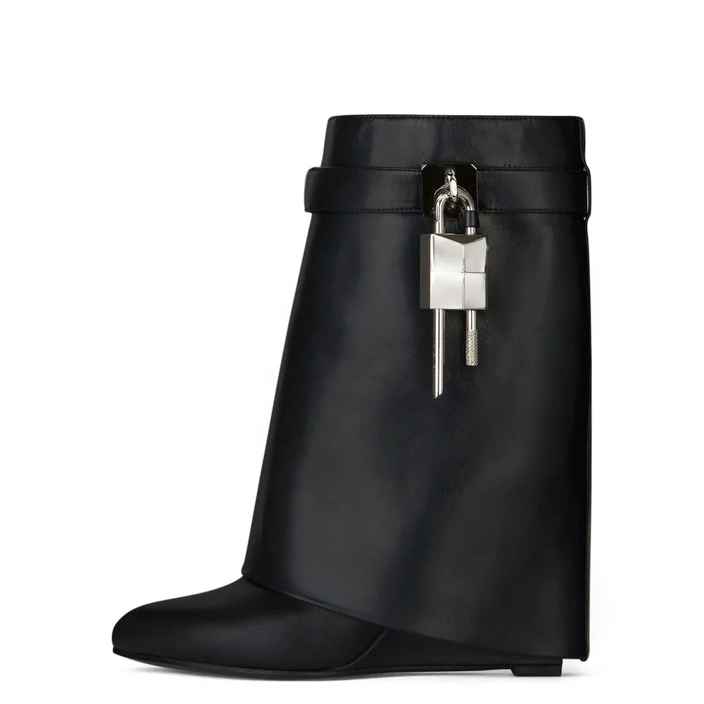 2023 Padlock Overlay Lockable Locking Fold Over Booties Womens Wedge ...