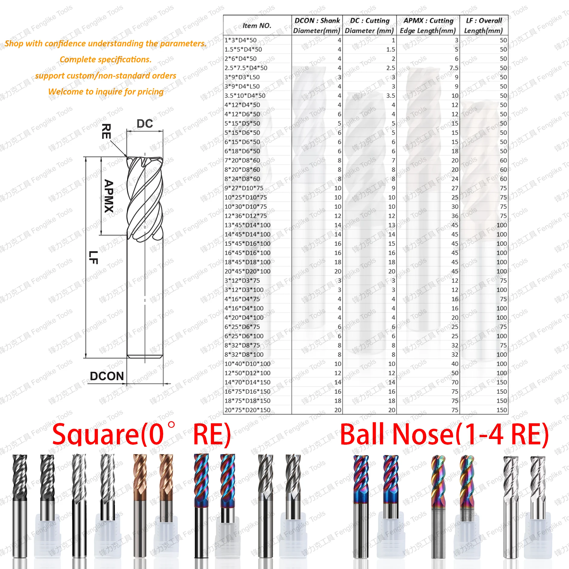 4-Flute Tungsten Steel Square & BALL NOSE Milling Cutter Single Carbide CNC End Mill 8mm Shank ...