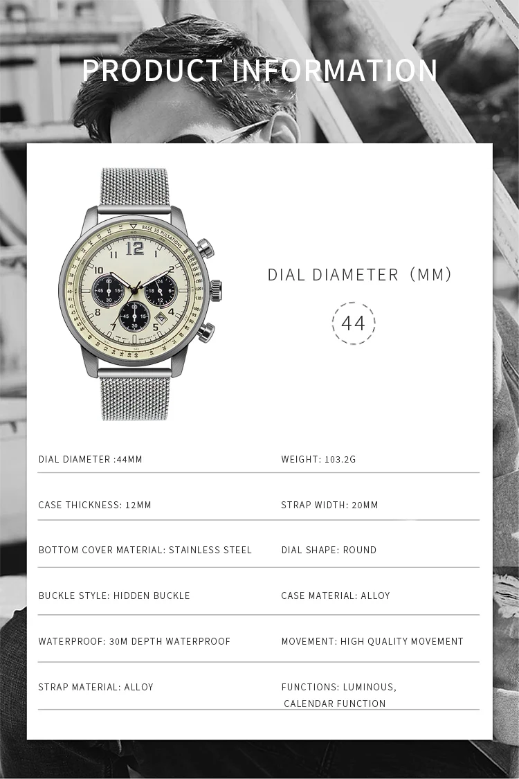 Luxury Business Stainless Steel Dial Leather Band Watch