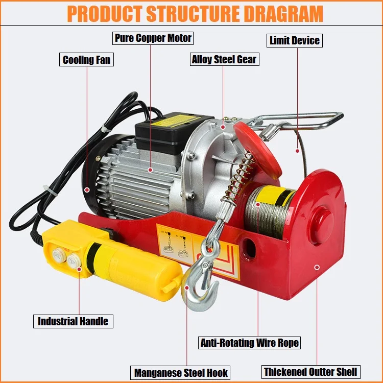 Electric Wire Rope Lifting Hoist - 100KG to 1000KG Capacity
