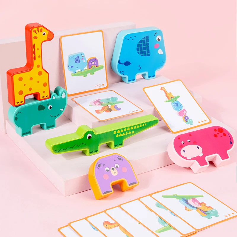 Wooden Stacking Blocks with Animal Cards - Educational Toy