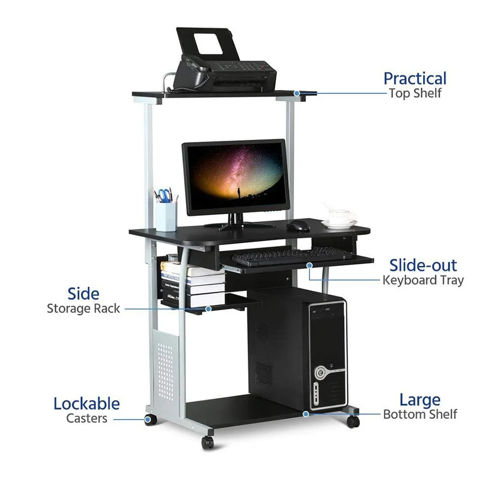 Modern Design Bedroom Office Computer Desk With 3 Storage Shelves Black ...