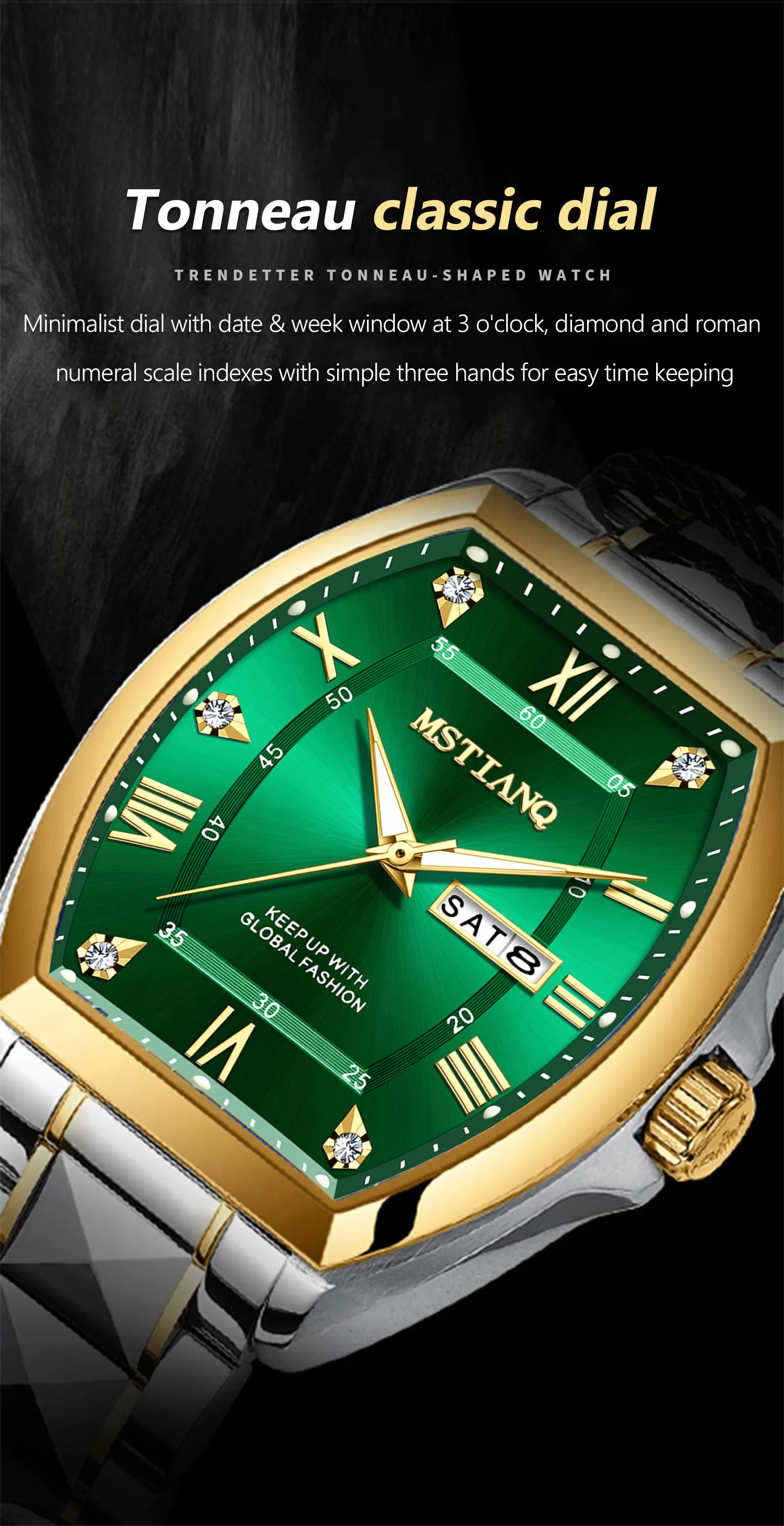 Luxury Men's Watch - Barrel Shape Quartz with Luminous Calendar