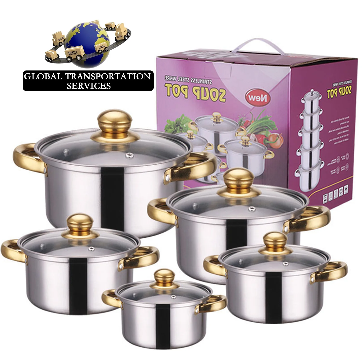Factory Wholesale 10pcs Stainless Steel Gold Handle Soup Pots Cooking ...