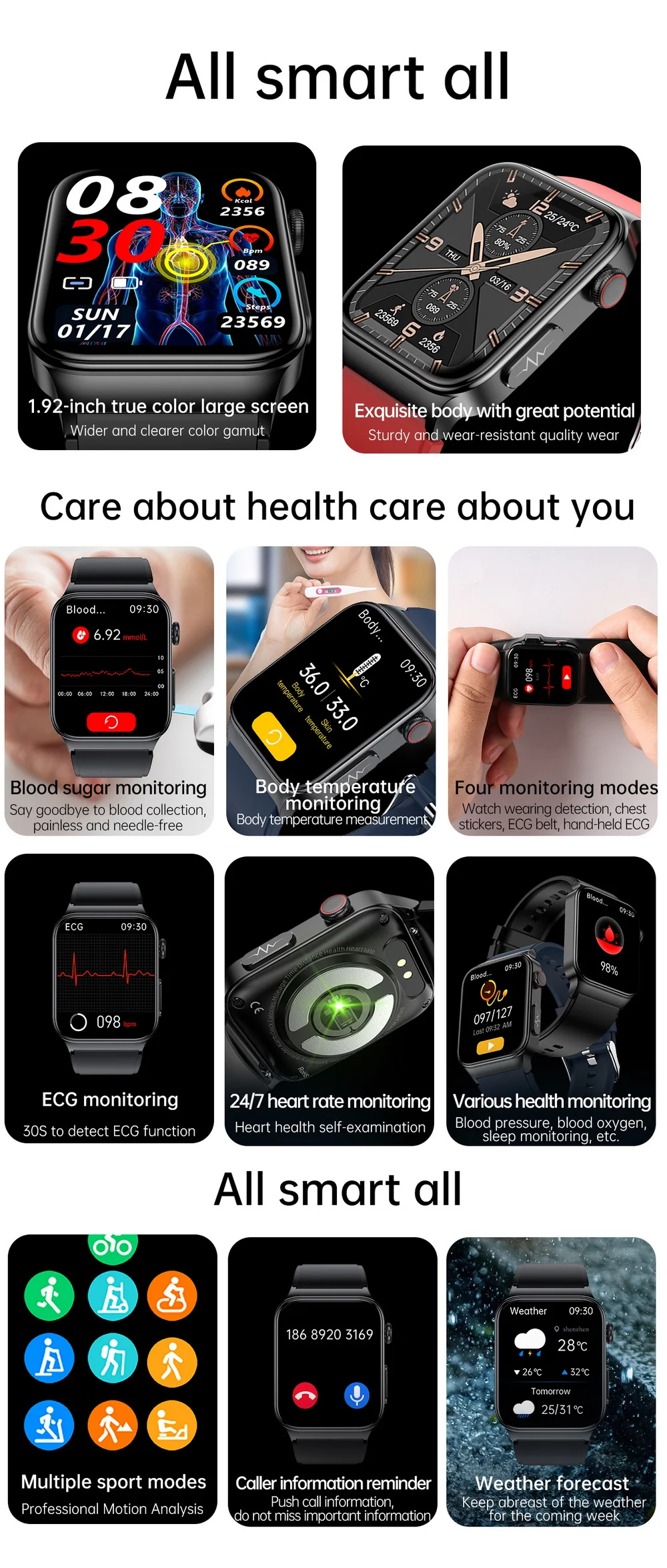 E500 Blood Glucose Smart Watch Ecg Monitoring Men Women's Health ...