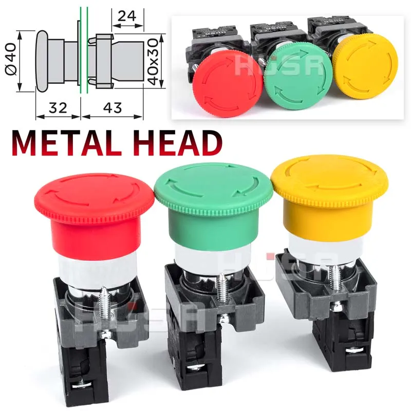 Xb2 Button Switch Self Reset Mushroom Head 22mm Start 1no Nc Momentary Push Button Switch Metal ...