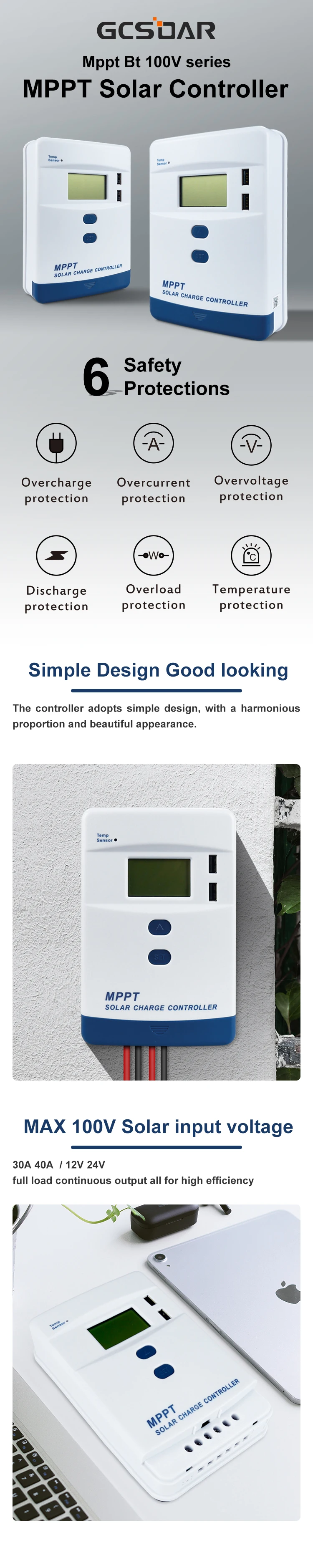 Gcsoar Mb4024 Solar Charge Controller Mppt 40a 12v 24v Small Solar Panel Controller Built-in Ble ...