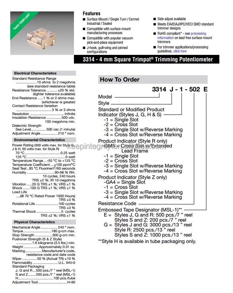 Smt Fine Adjustment Potentiometer Adjustable Resistor 0.25w 3314j-1 ...