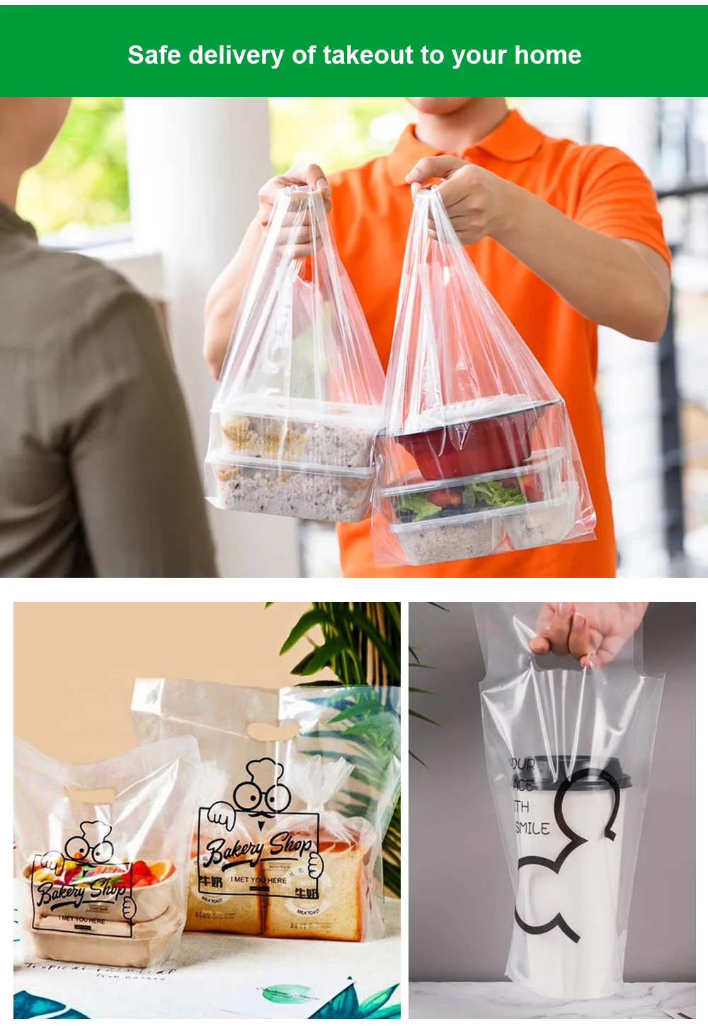 Biodegradable Food Packaging Clear Handle Bag Durable Takeaway ...
