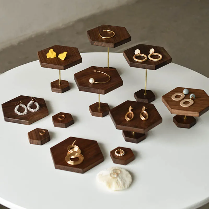 Brown Wooden Jewelry Display Tool,Hexagonal Jewelry Tray Display Stand ...
