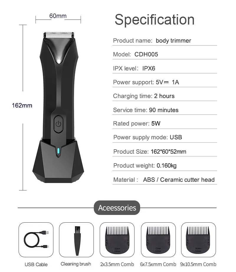 USB Rechargeable Cordless Electric Body Groin Hair Trimmer Adjustable Trimmer for Men Electric ...