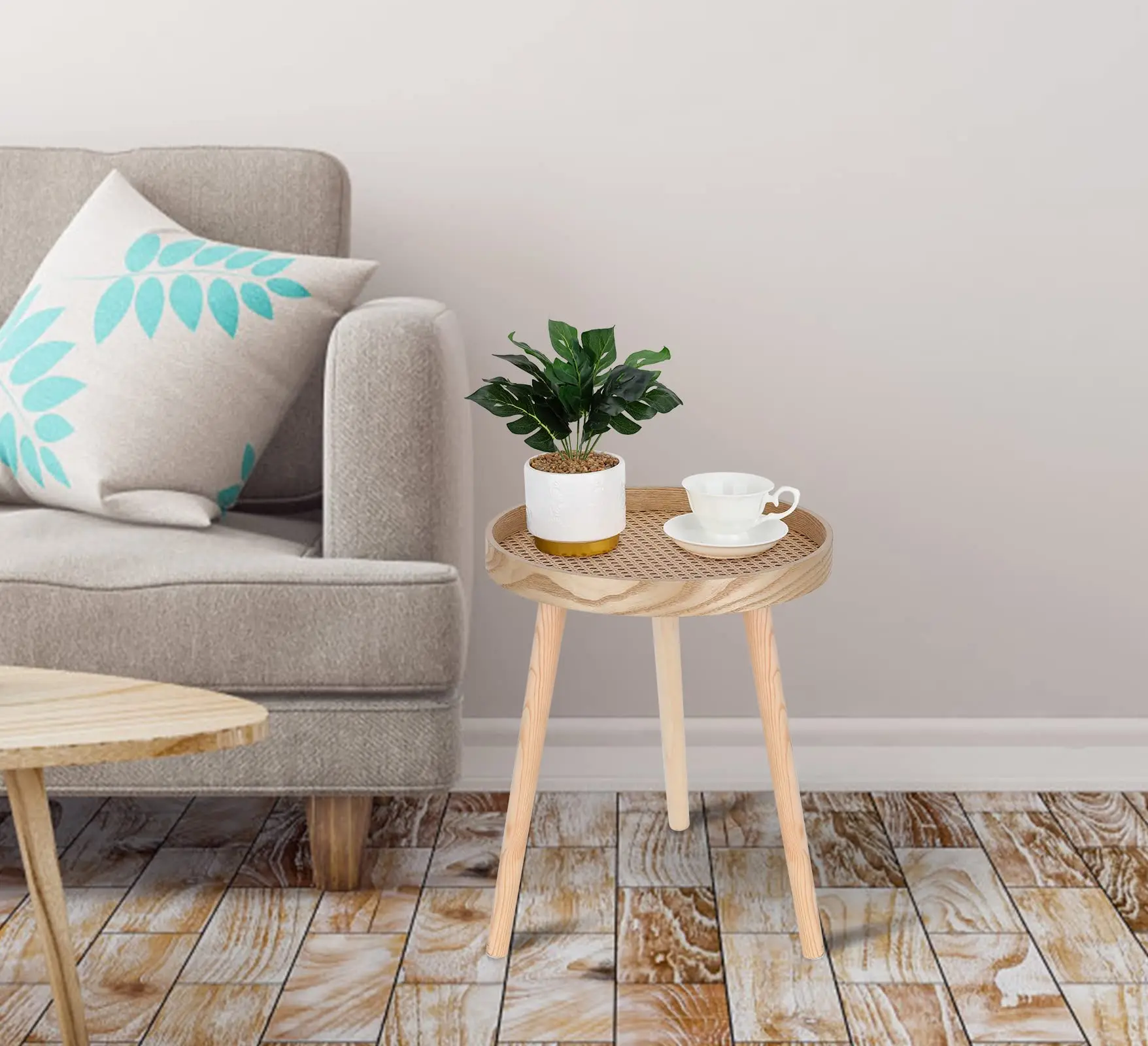 Rattan Nightstand Round End Bedside Table Accent Table Single Rattan ...