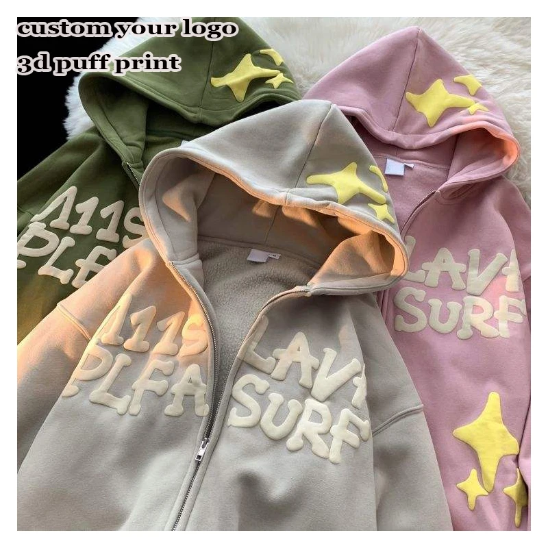Street Style Wholesale 3D Puff Print Zip up Hoodie Custom Blank ...
