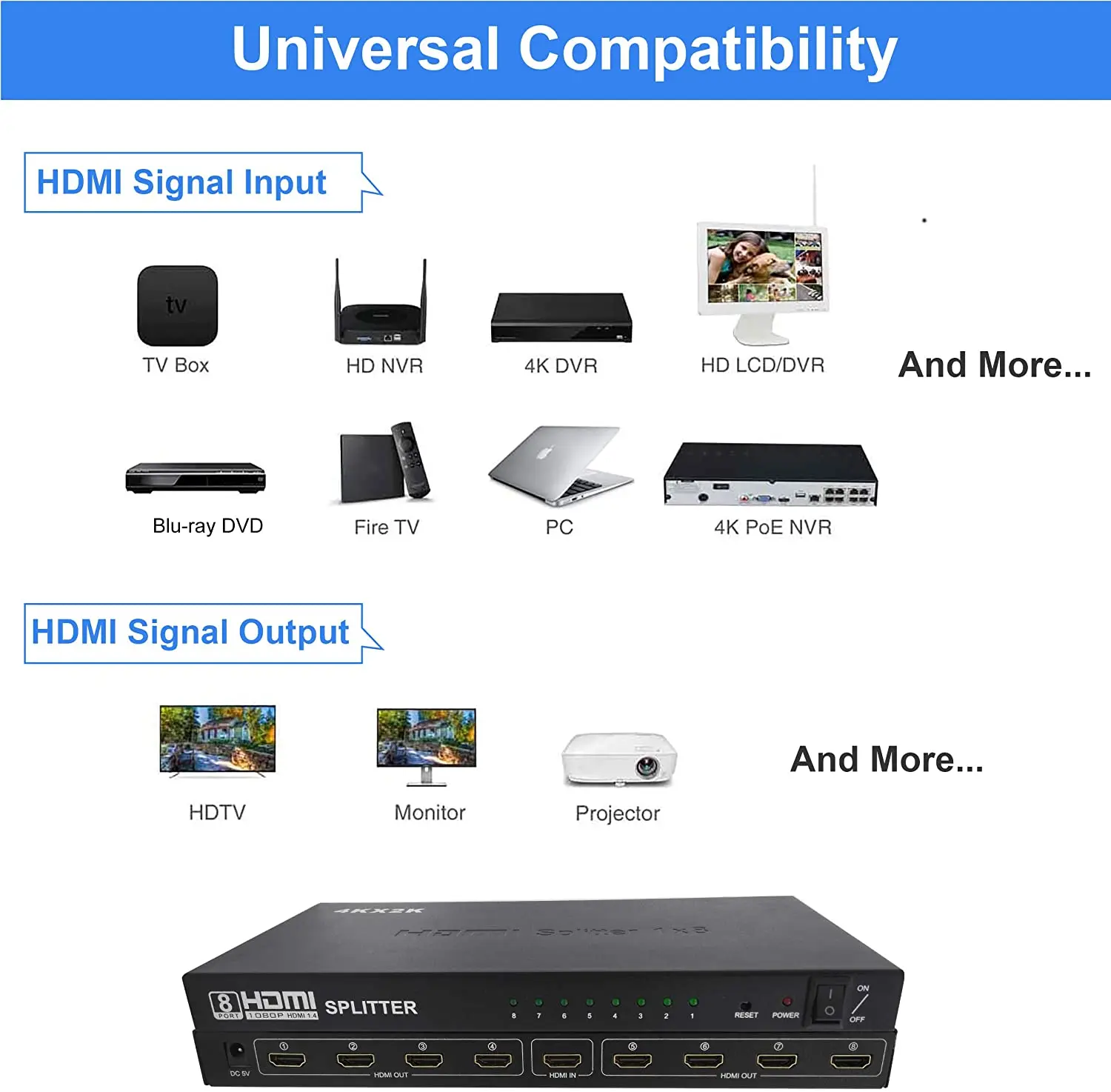 8 Way 8 Ports 1 In 8 Out Splitter Hd Extender 4k 2k 30hz 60hz Splitter ...