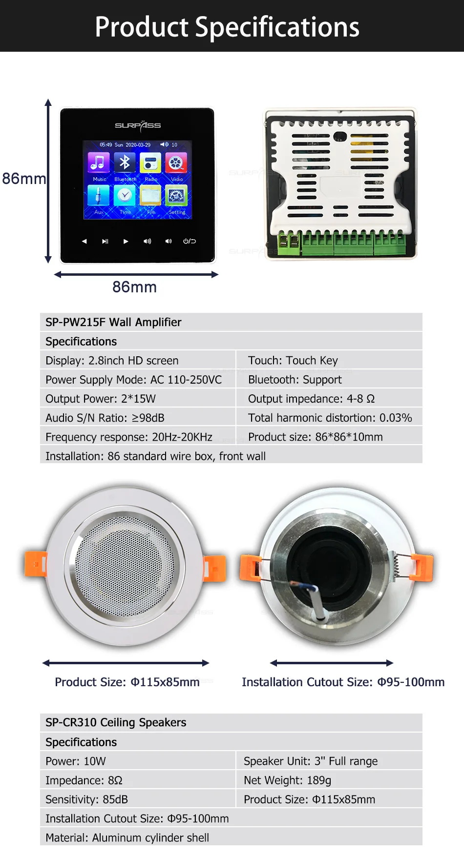 Wall Amplifier With Ceiling Speaker Set Touch Key Panel Pa System Home ...