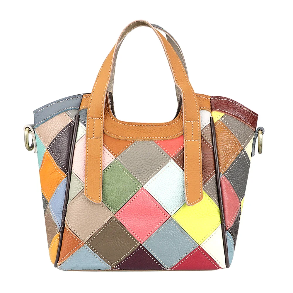 AndoBag Genuine Leather Top Handle Bags, Color Stitching Plaid ...