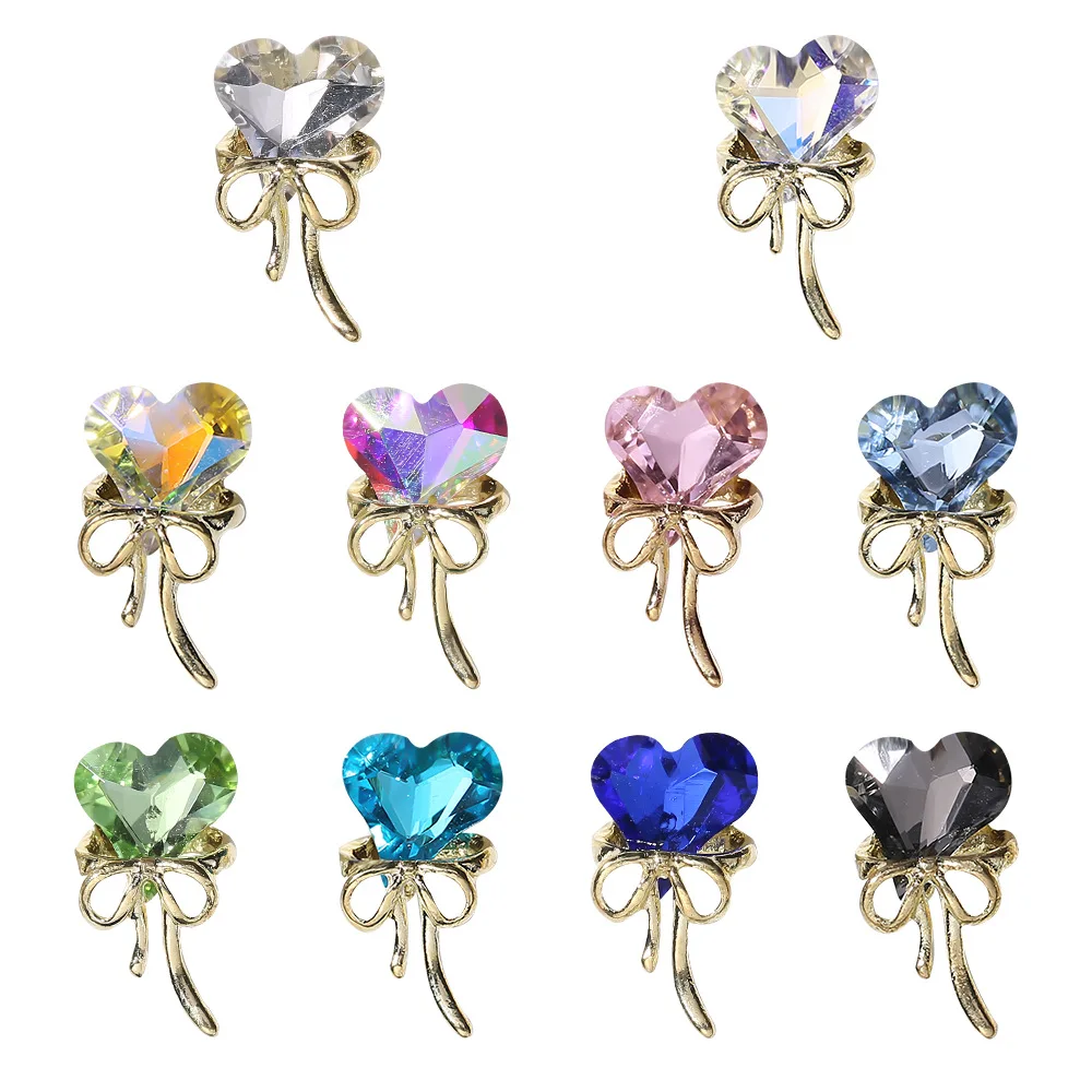 Hot sale slanting heart nail charms rhinestone crystal gems gold metal ...