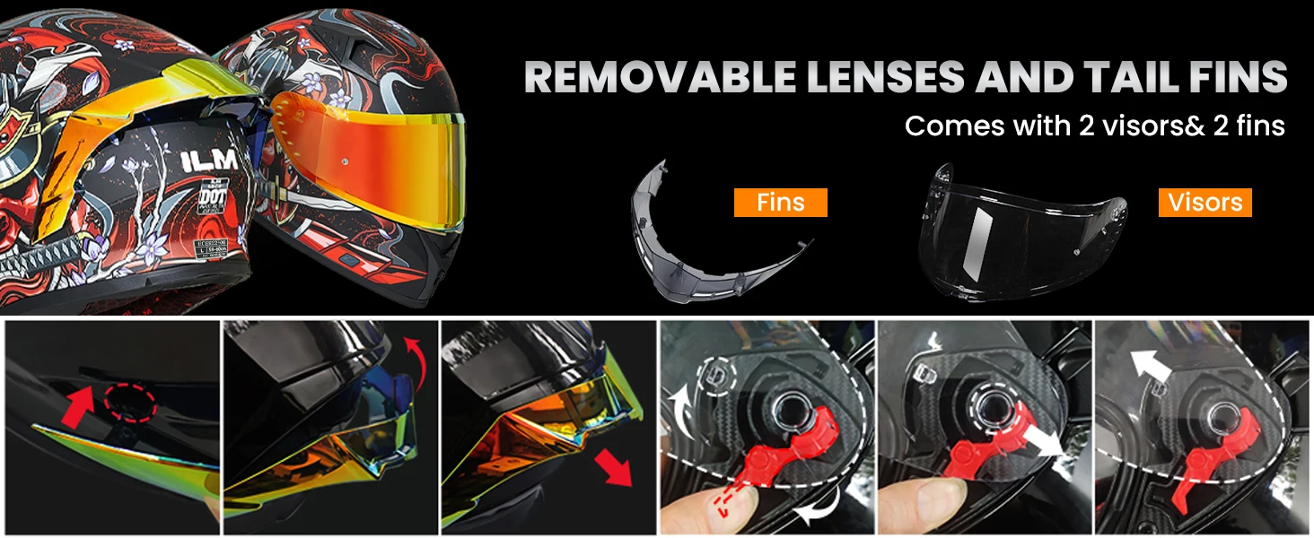 ILM Motorcycle Helmet Full Face Helmet Clear Tinted Visors Fins DOT ECE ...