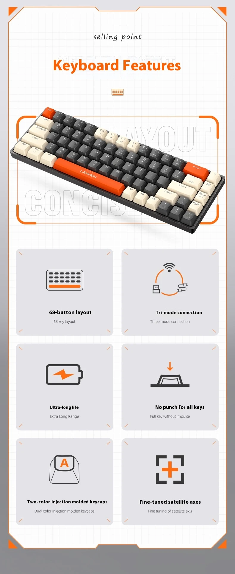 LEAVEN H68 RGB Wireless Mechanical Keyboard - 68 Keys Hotswap, 2.4G BT5 ...