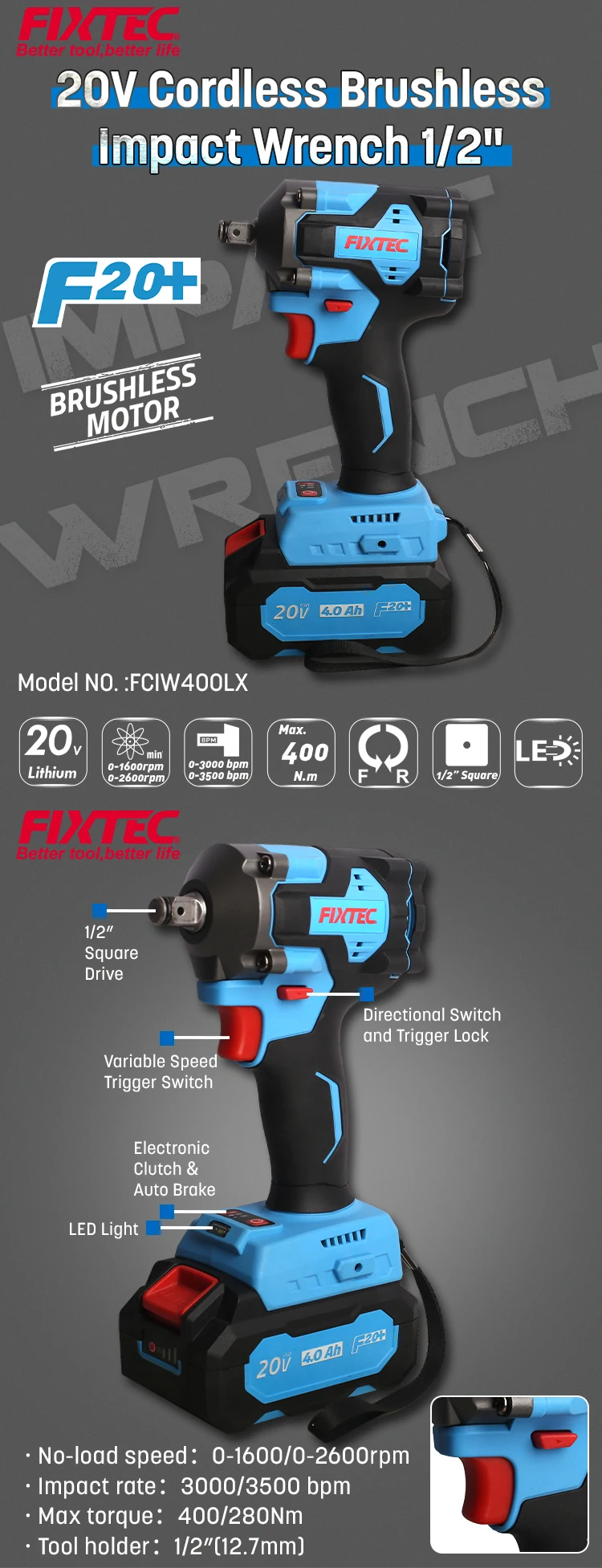 FIXTEC Heavy Duty 20V Impact Wrench - 400nm Torque Power