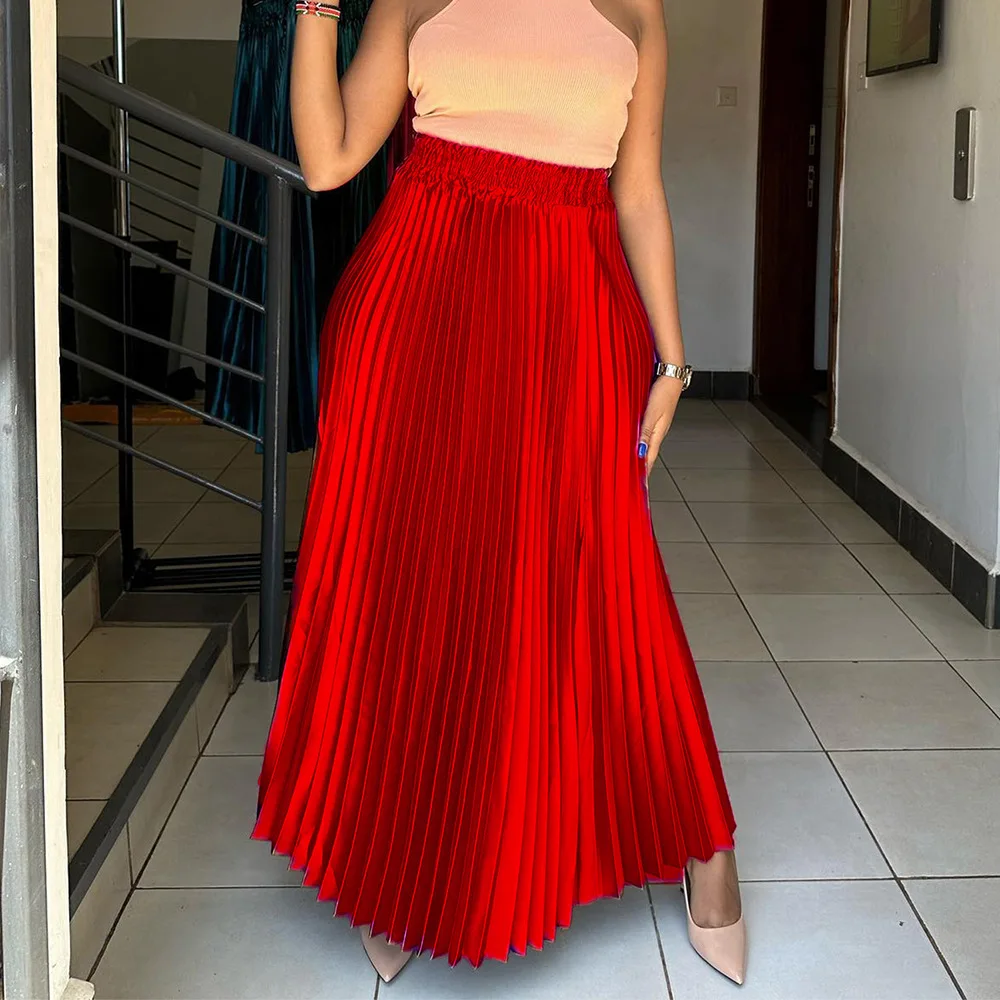 C8532 Latest Design Pleated Skirts Women High Waist Elegant Large Swing A Line Maxi Skirt Half
