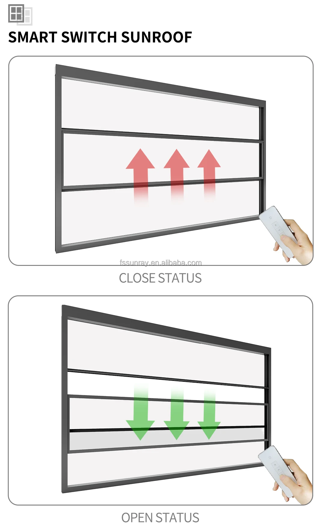 Sunray Big Size Design Smart Vertical Sliding Remote Control Aluminum Frame Guillotine Vertical ...