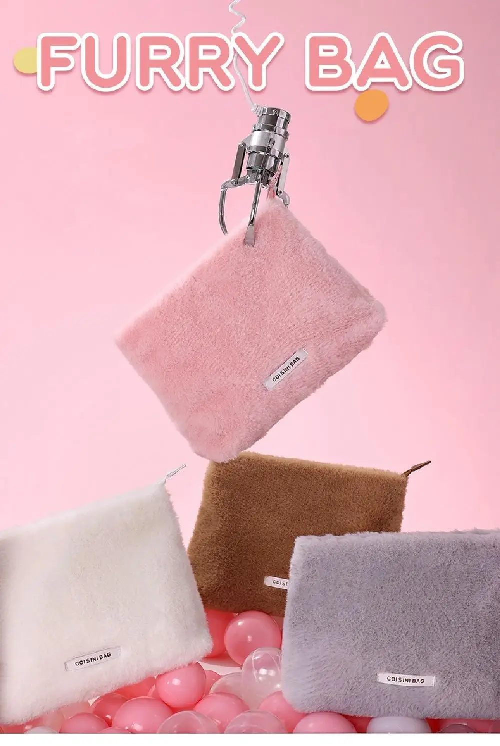 Cute Fuzzy Pink Cosmetic Bag Soft Faux Fur Heart Charm Zipper Portable ...