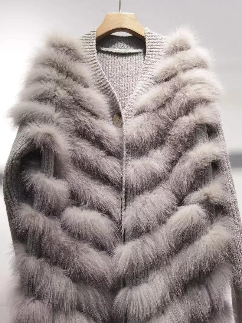 Real Fur Trimming Knitted Fur Coat Loose Women Clothes Furry Collar ...