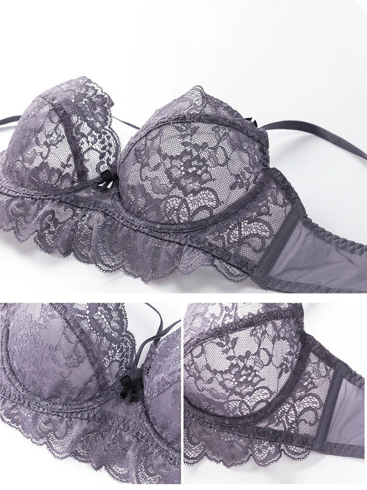 French Women Ultra Thin Lace Push-up Bras And Panty Set Bow Decoration High Quality Breathable ...
