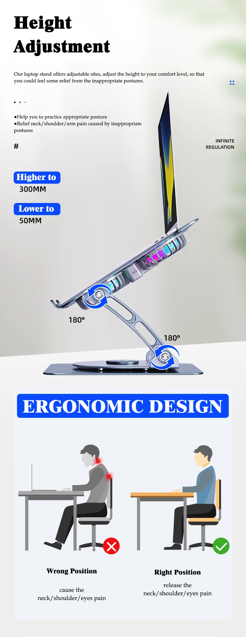 Yicosun Adjustable Ergonomic 2 Fans Laptop Holder Aluminum Alloy Desk ...