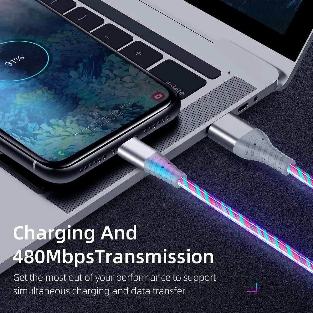 1m Glowing 3A Fast Charging Type C Cable High Speed Flowing Streamer ...