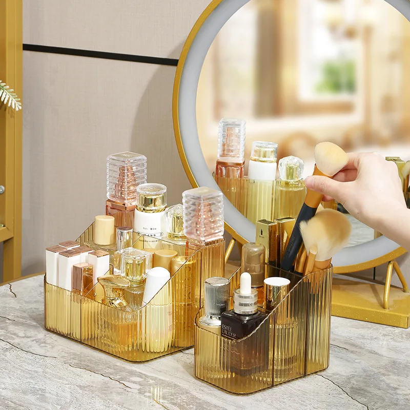 3 Compartment Clear Acrylic Desk Organizer for Makeup Brush Lipstick ...