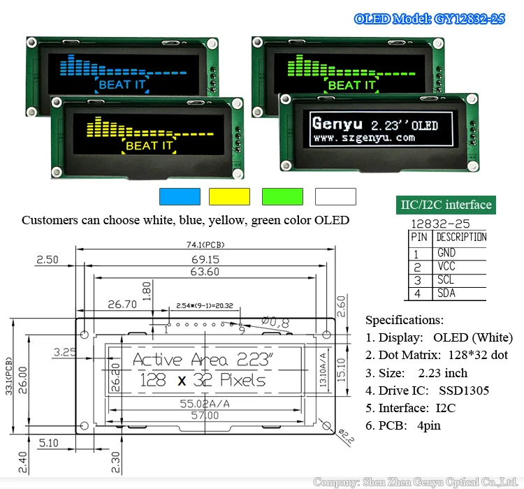 2.08" 24 Pin Iic/i2c Spi Oled Serial Display Sh1122g Monochrome White ...
