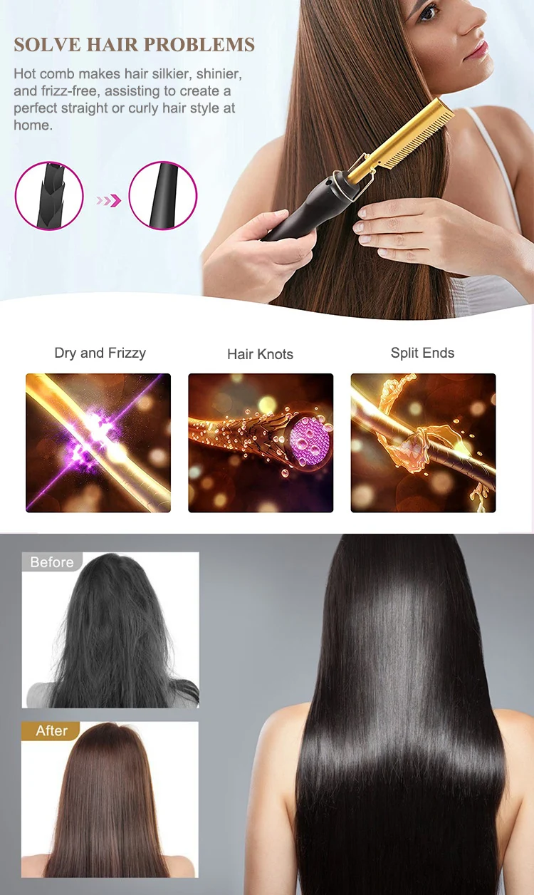 2 In 1 Portable Hot Comb Straightener Electric Hair Straightener Curler ...
