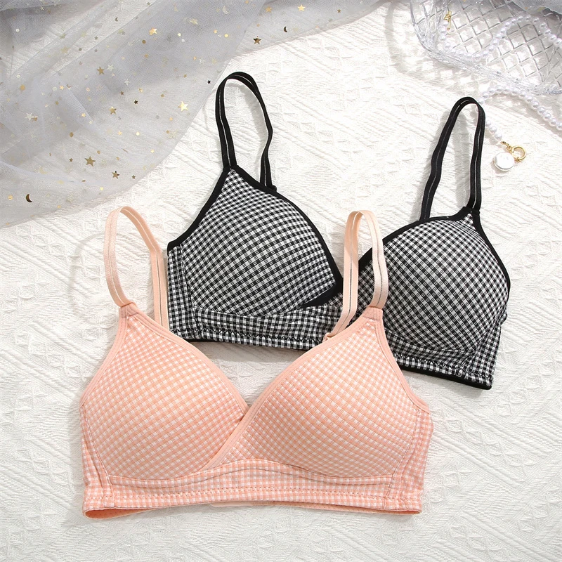 FINETOO Women a B Cup Plaid Bra Soft Wireless Bras Ladies Deep V ...