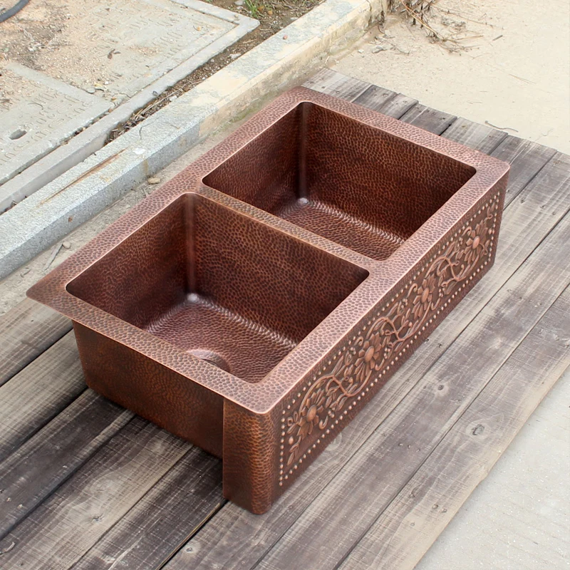 Copper Kitchen Farmhouse Sink - Hand Hammered Double Bowl