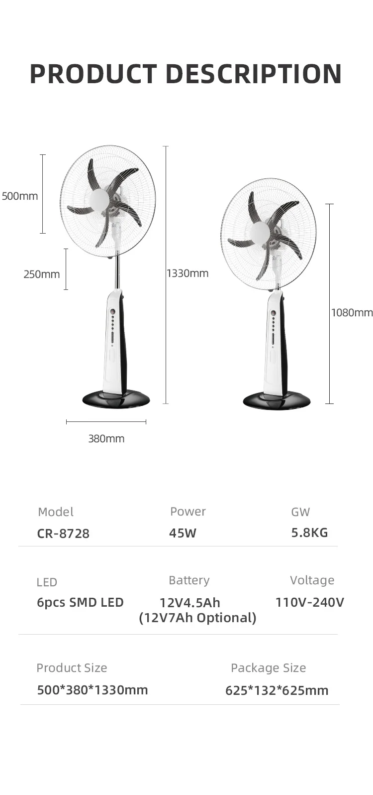 18 Inch Pedestal Solar Powered Electric Standing Fan
