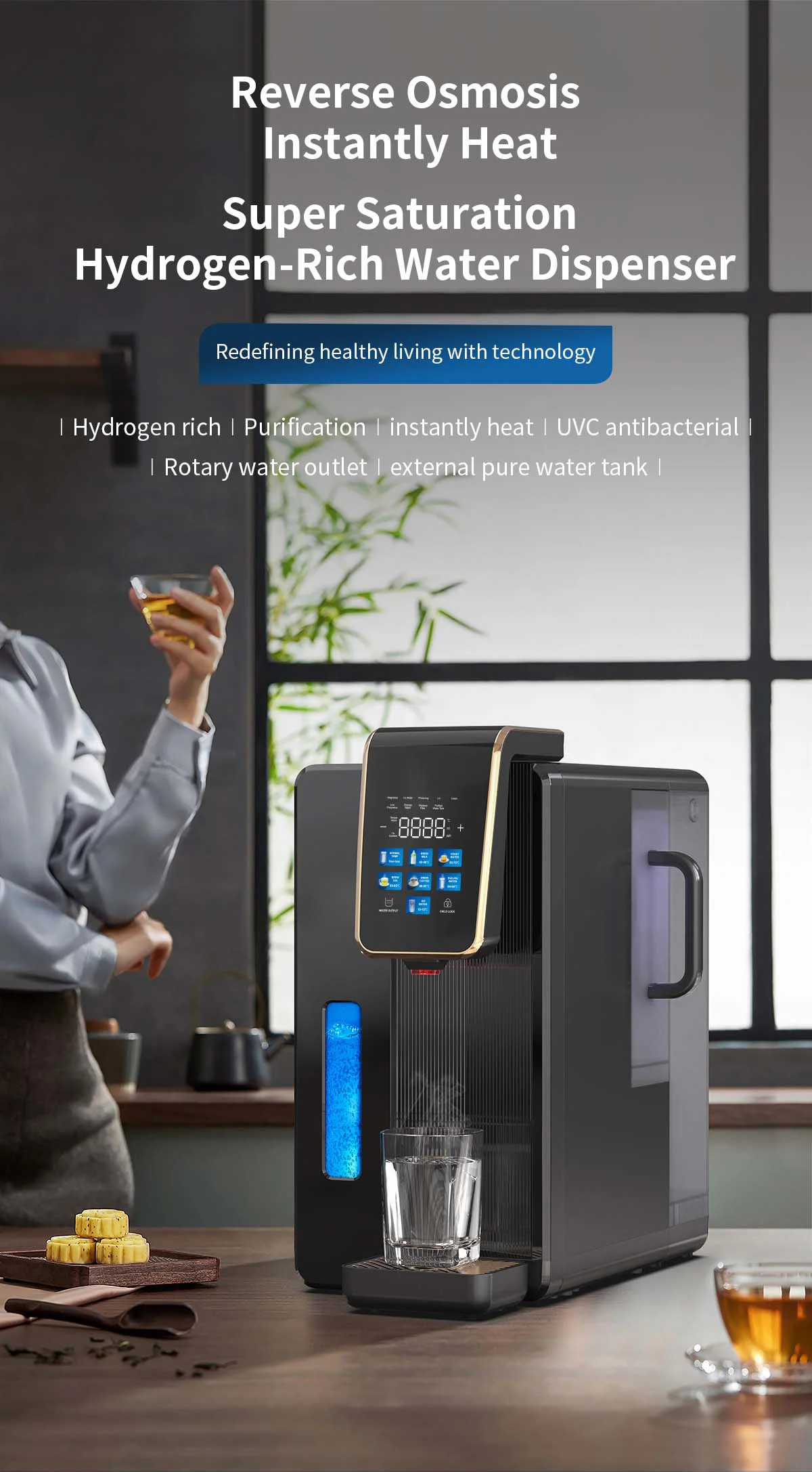 WOPIN Stainless Steel Hydrogen Water Dispenser - Cold & Hot