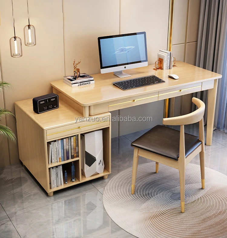Solid Wood Desk Bookcase Combination Home Office Desk Minimalist Modern ...