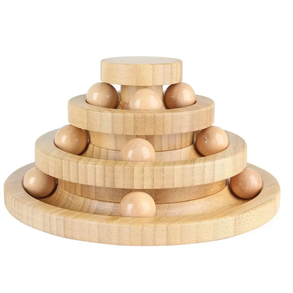 3 Layer Turntable Wooden Cat Toys Ball Track Cat Tower Roller Toys Two ...