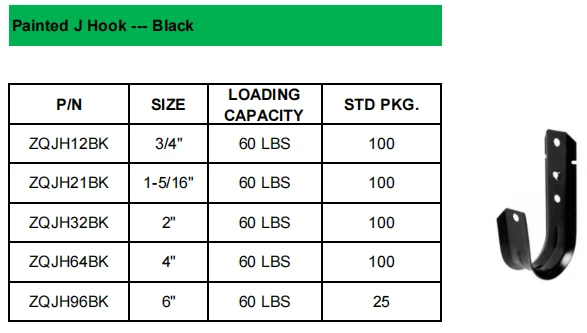 Cable Management Painted Black Basic J Hook,Zqjh64bk,Size 4" J - Hook ...