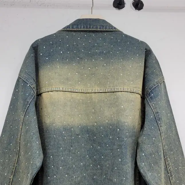 Retro Color Diamond Denim Jacket 2024 Spring Rhinestone Loose Long ...