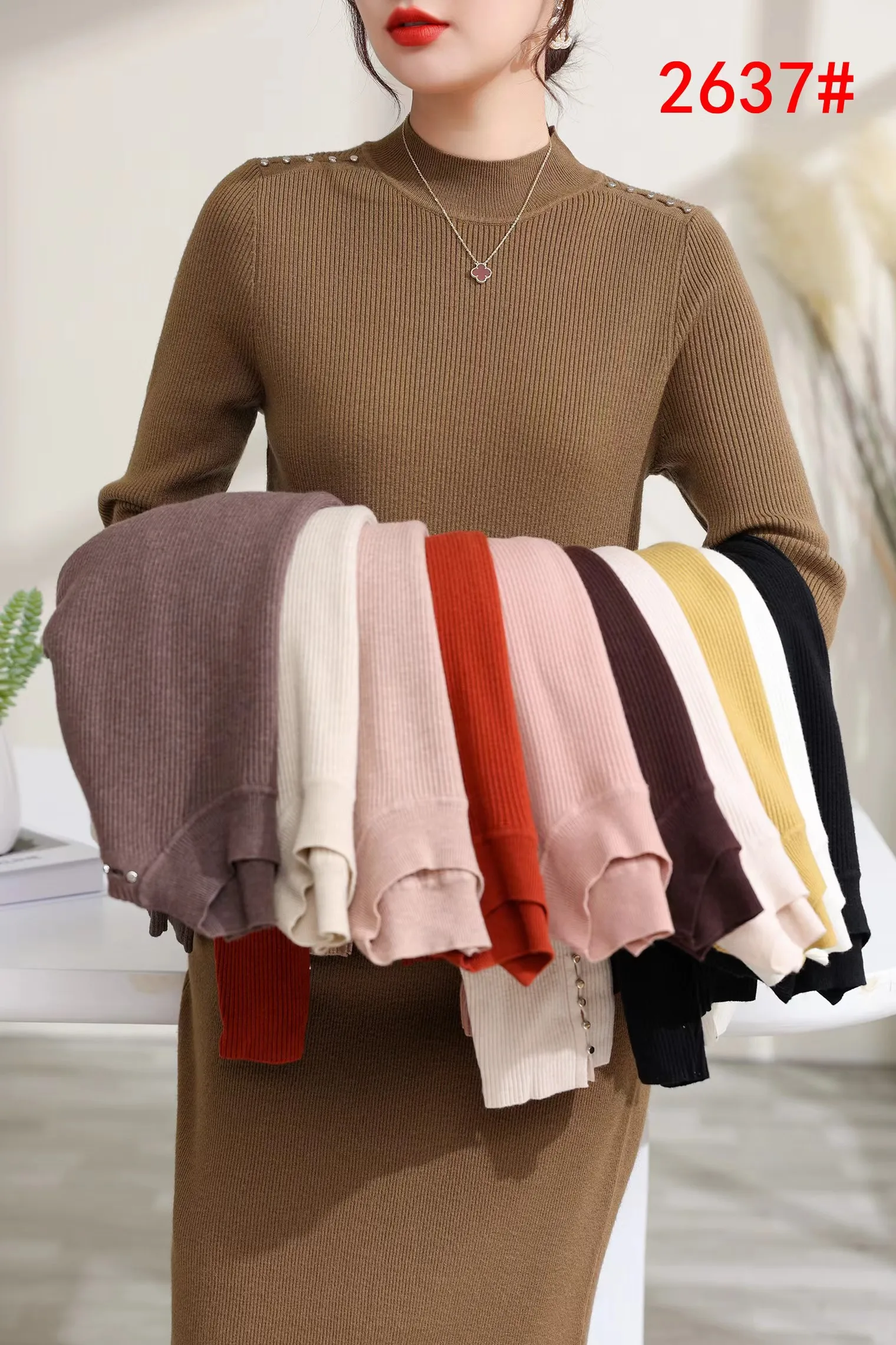 Women's Winter Clothing Long Sleeves High Neck Good Fitting Aesthetic Rivets Holes Knitted Top ...