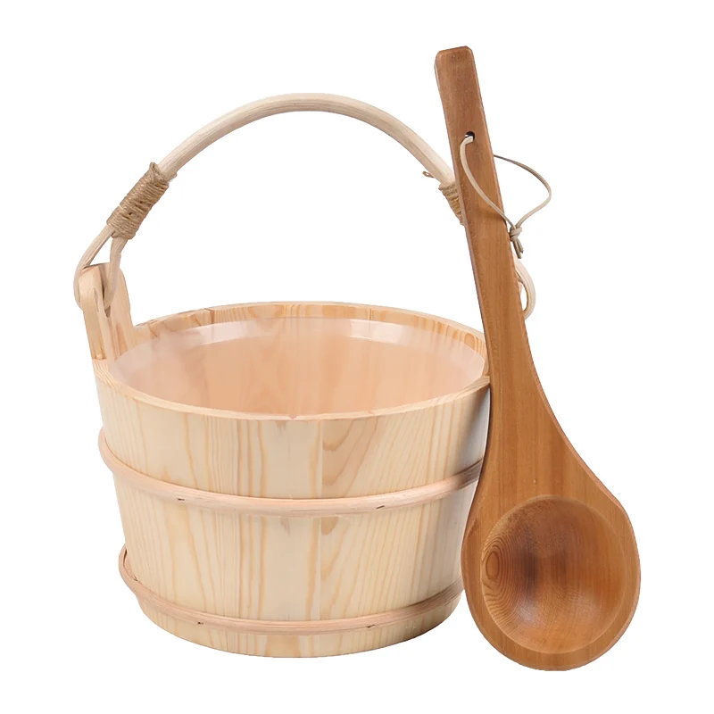 Aluminium Sauna Bucket with Bamboo Handle, Metal Bucket with Wooden ...