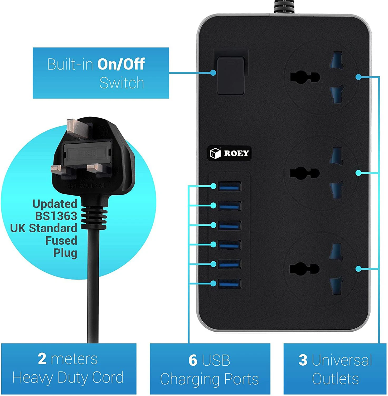 Universal Extension Lead with 6 USB Ports & Surge Protection