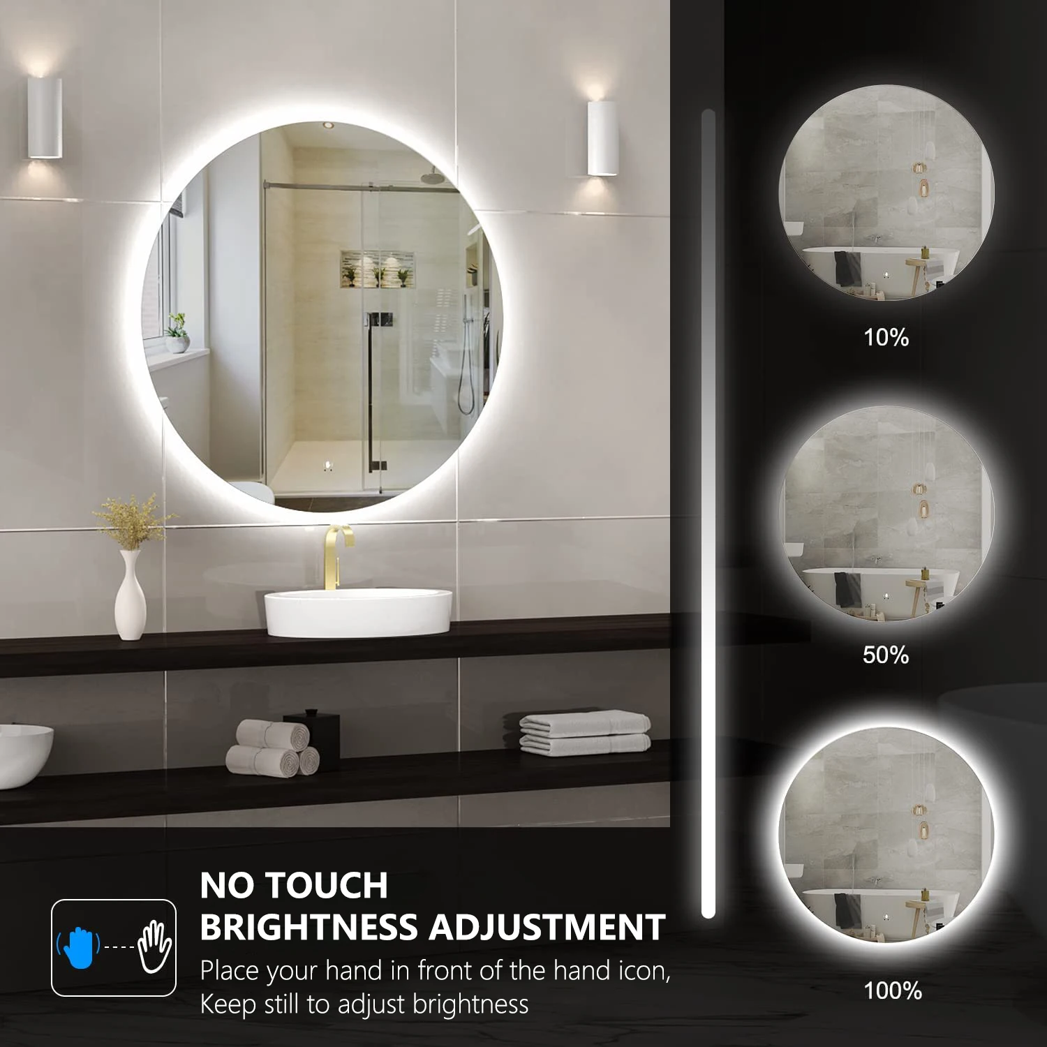 Hand Sweep Shower Room Anti Fog Toilet Mirror Wall Round Led Mirror ...